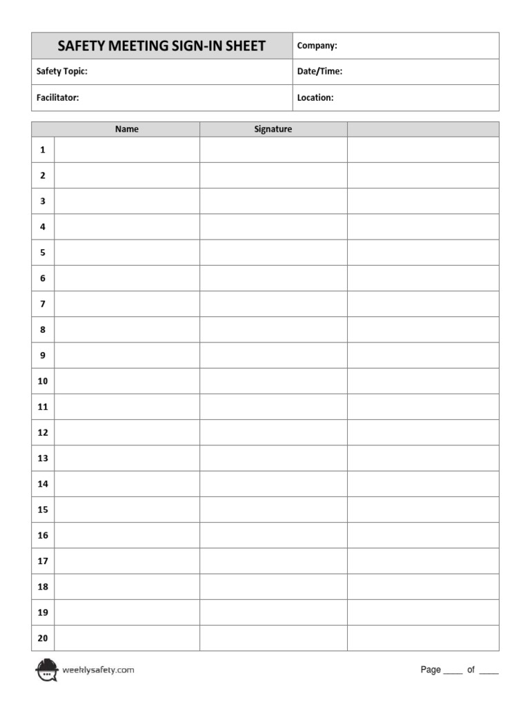 Fast100 - Blank Safety Meeting Sign-In Sheet | PDF