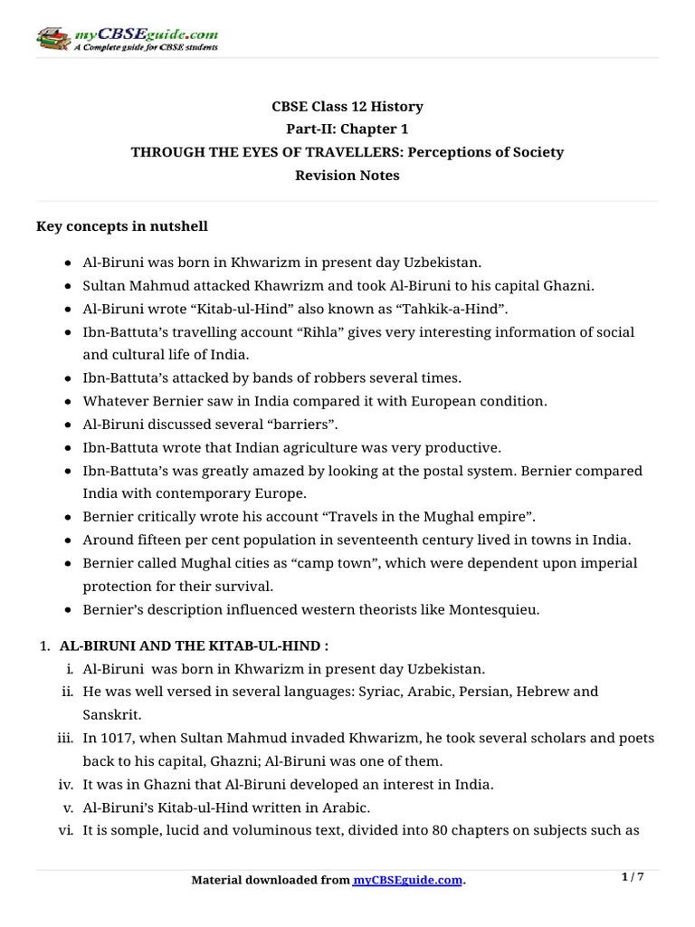 CBSE Class 12 History Part-II: Chapter 1 THROUGH THE EYES OF TRAVELLERS ...