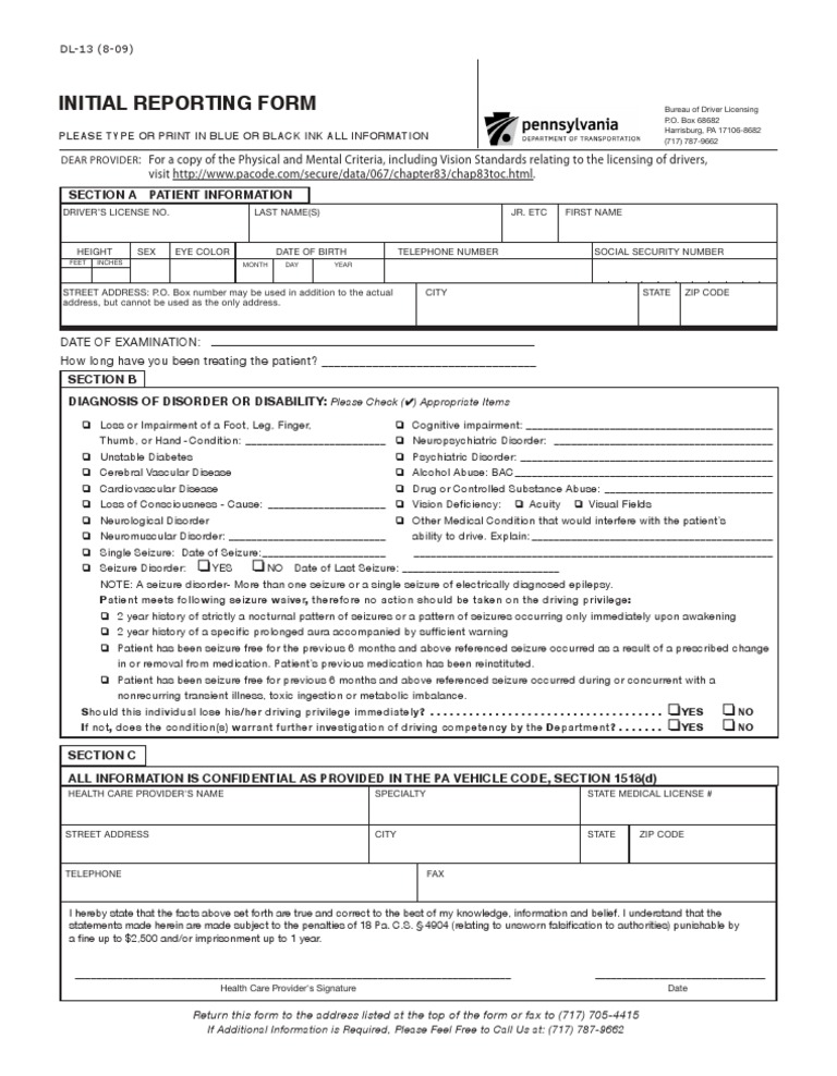 DL-13 Medicall Reporting Form To Request Removal of Driving Priv ...