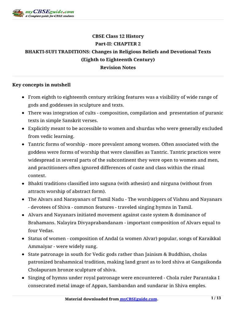 12 History Part II Revision Notes CH 02 | PDF | Bhakti | Sufism