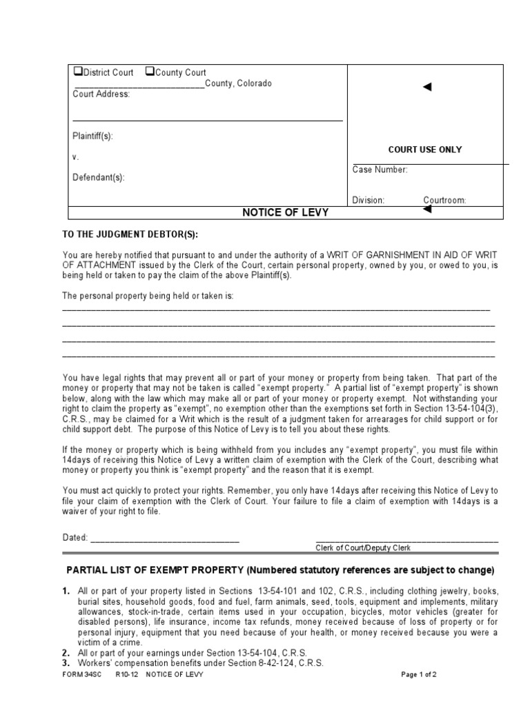 Notice of Levy and Exempt Property Rights | PDF | Welfare | Internal ...