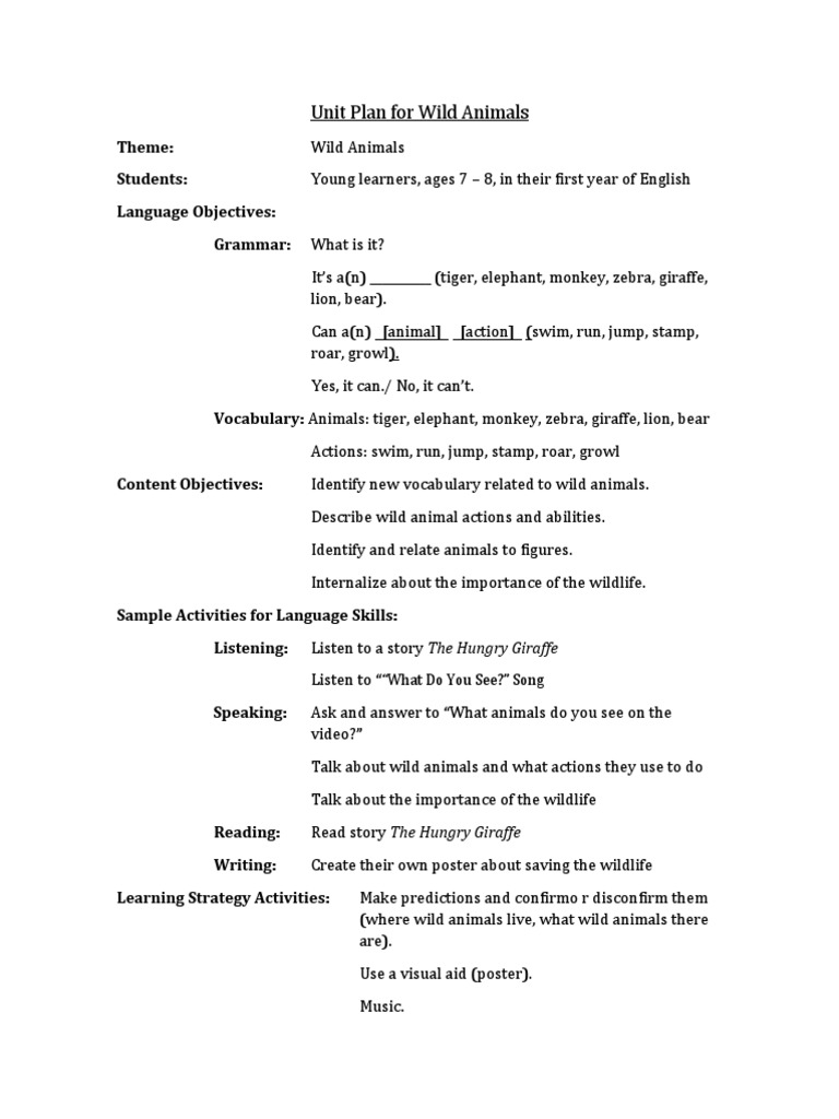 Unit Plan For Wild Animals: Theme: Students: Language Objectives ...