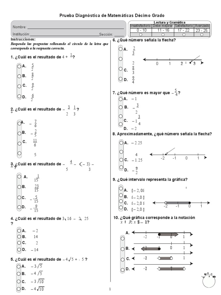 Prueba Diagnostica Grado Decimo | PDF | Matemática Elemental | Enseñanza de matemática