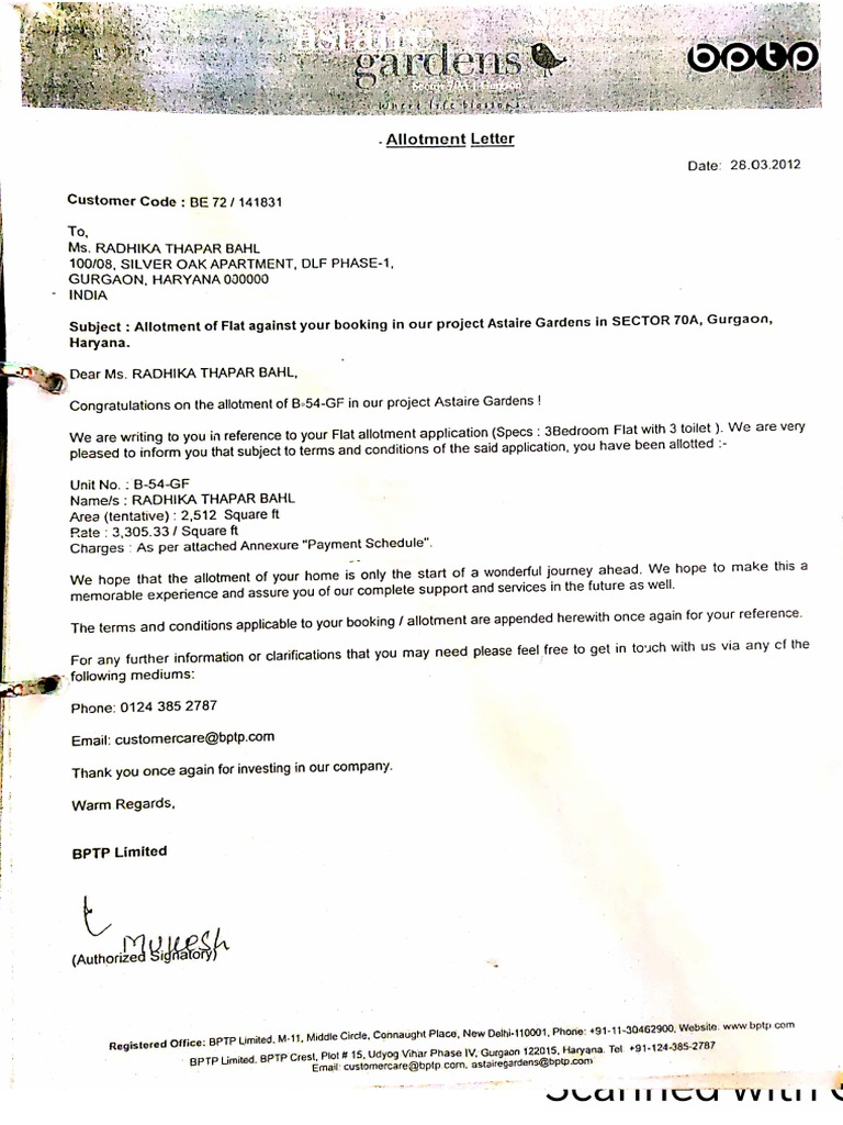 Allotment Letter | PDF