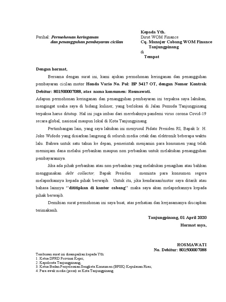 Contoh Surat Pengajuan Keringanan Pembayaran Kredit Ke Leasing | PDF