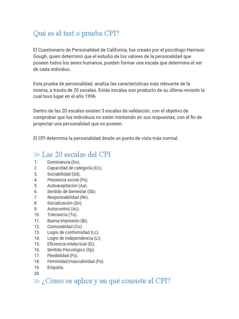 Qué es el test CPI y su aplicación | PDF | Trastorno mental | Ciencias ...