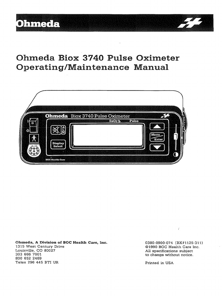Ohmeda Biox 3740 Pulse Oximeter - User and Service Manual | PDF