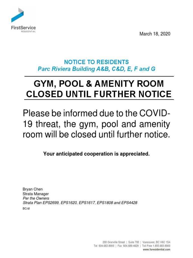 Notice to Residents of Parc Riviera Building A&B, C&D, E, F and G: Gym ...