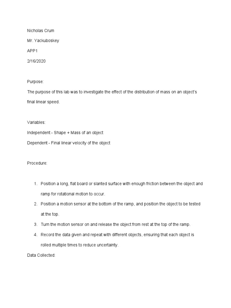 Ap Physics 1 Rotational Motion Lab 1 | PDF | Mass | Acceleration