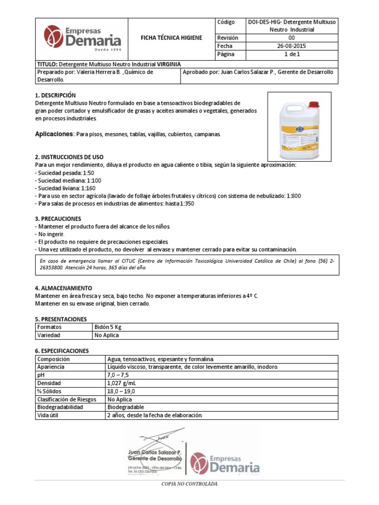 DOI-DES-HIG - Detergente Multiuso Neutro Industrial Ficha Tecnica | PDF | Detergente | Agua