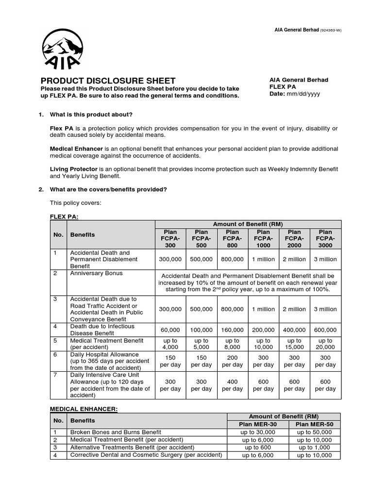 AIA Flex PA Product Disclosure Sheet | PDF | Insurance | Health Sciences