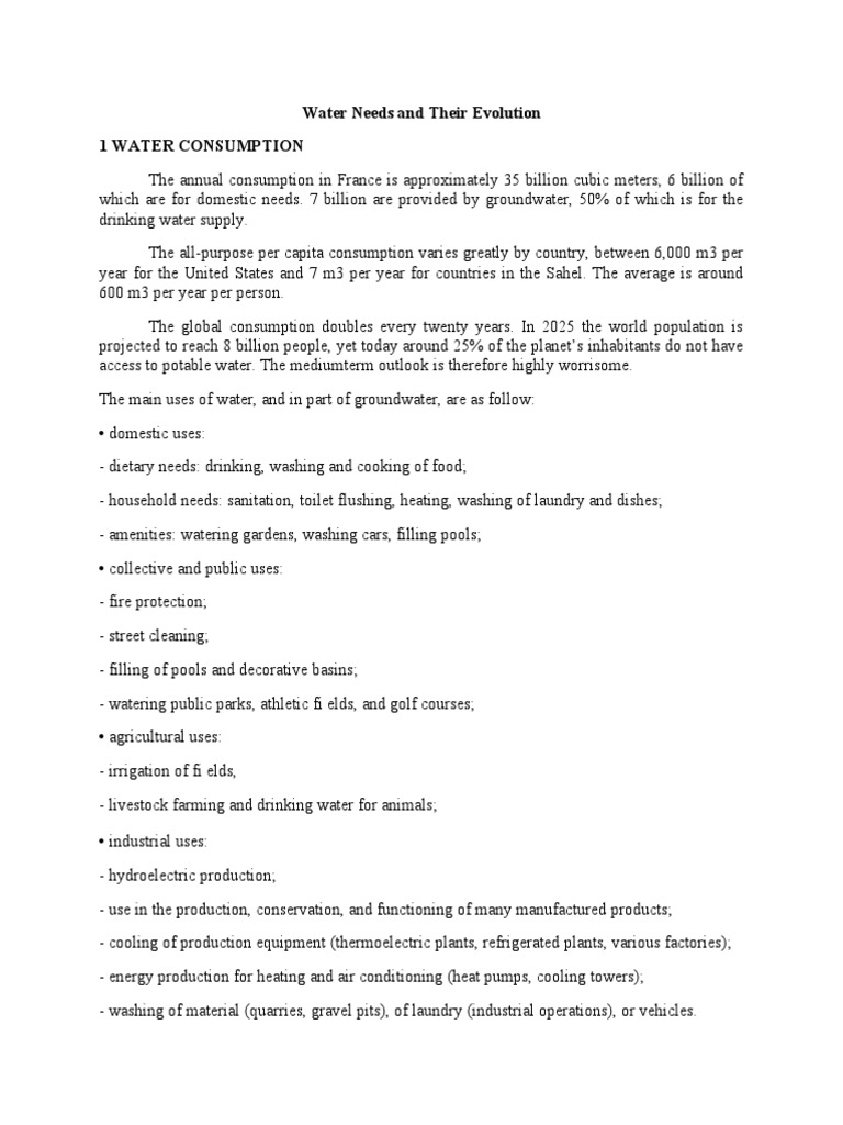 Water Needs and Their Evolution 1 Water Consumption | PDF | Drinking ...