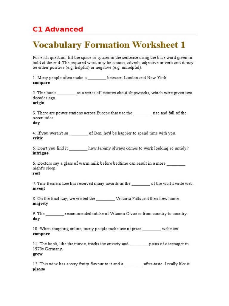 Vocabulary Formation Worksheet 1: C1 Advanced | PDF
