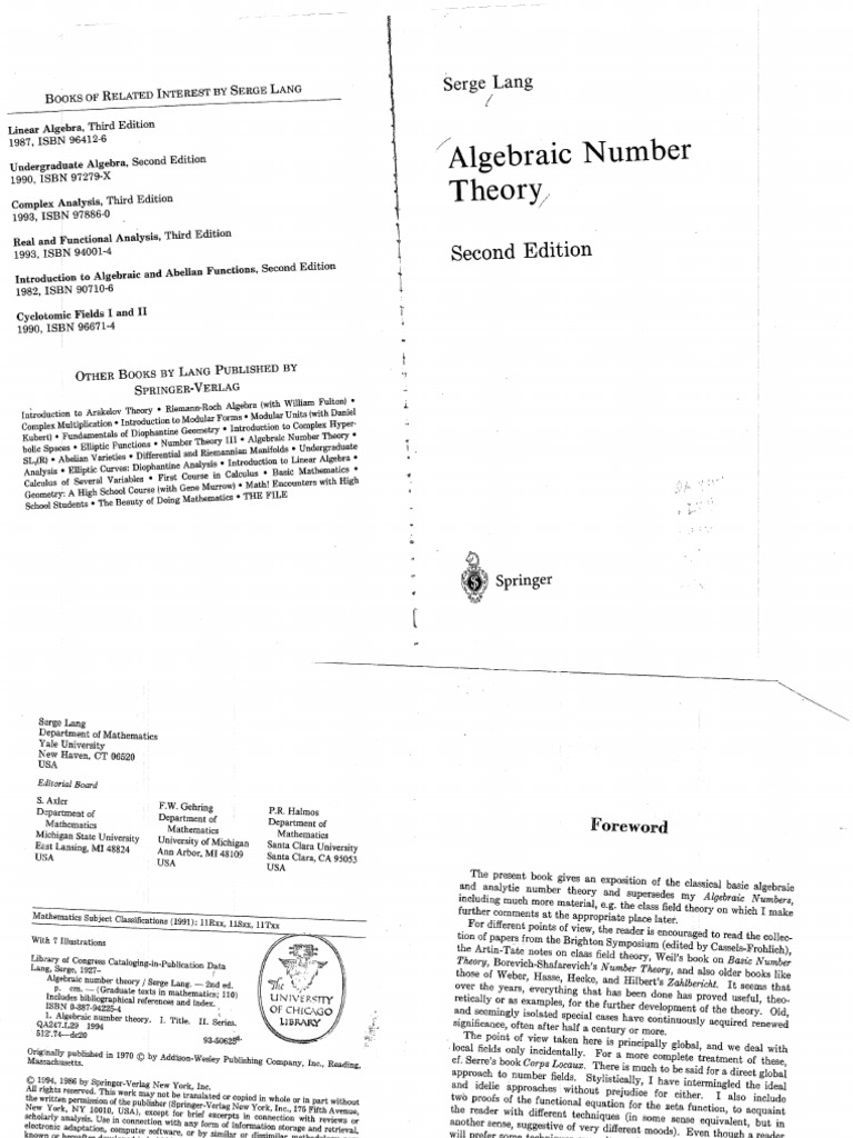 Algebraic Number Theory Lang | PDF