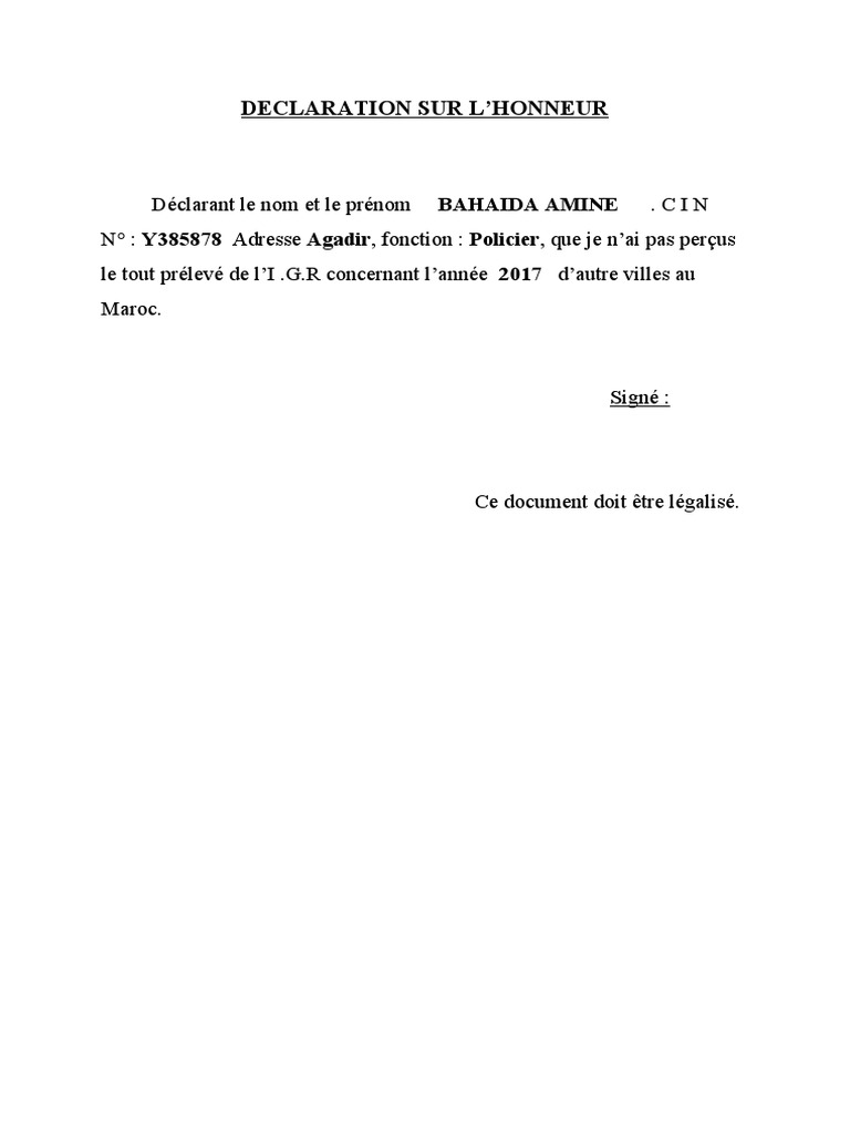Declaration Sur L'honneur-1 | PDF