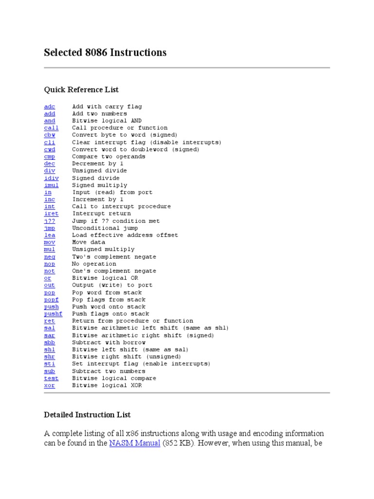 Selected 8086 Instructions: Quick Reference List | PDF | Computer ...