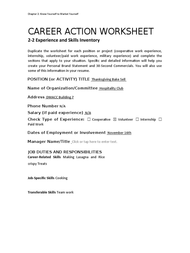 Career Action Worksheet: 2-2 Experience and Skills Inventory | PDF