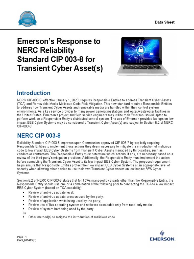 Emerson's Response To NERC Reliability Standard CIP 003-8 For Transient Cyber Asset(s) | PDF ...