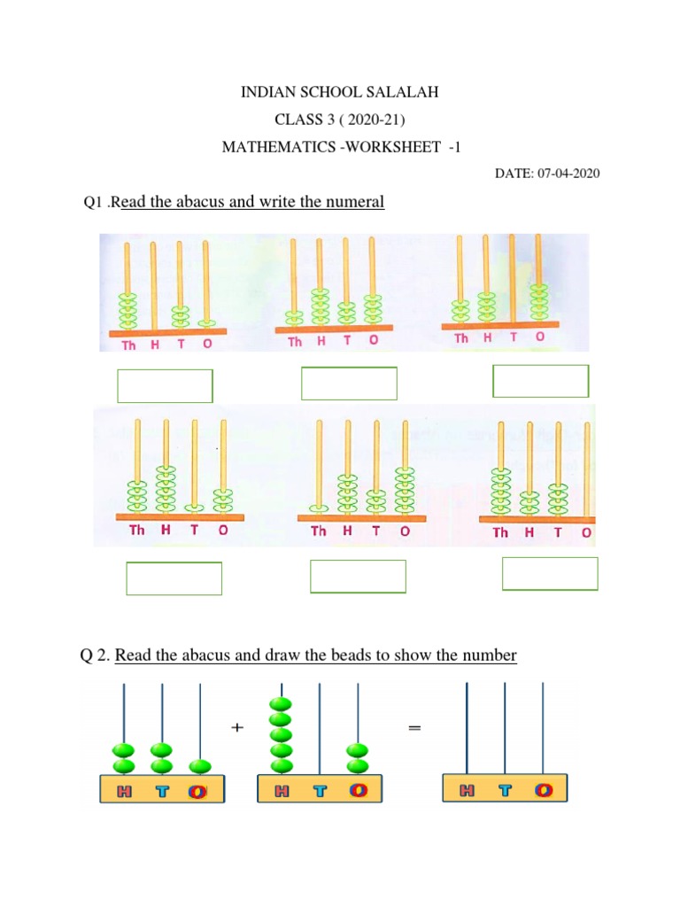 Ead The Abacus and Write The Numeral: Indian School Salalah CLASS 3 ...
