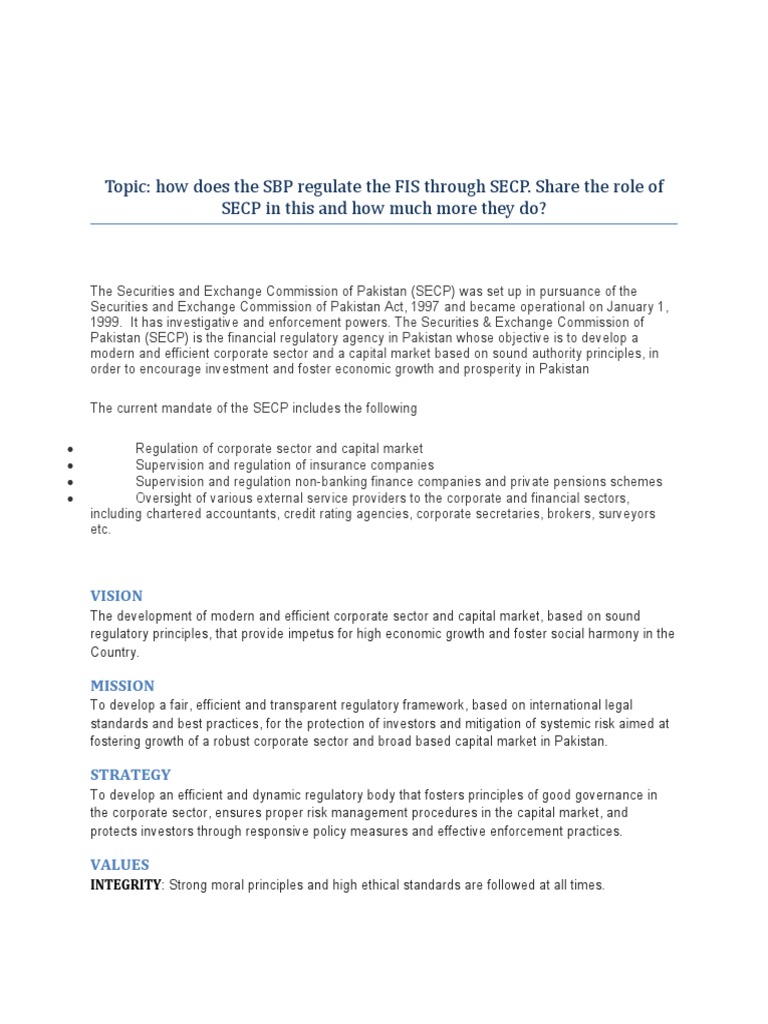 Topic: How Does The SBP Regulate The FIS Through SECP. Share The Role ...