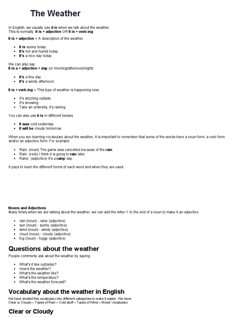 The Weather: It Is + Adjective A Description of The Weather | PDF ...