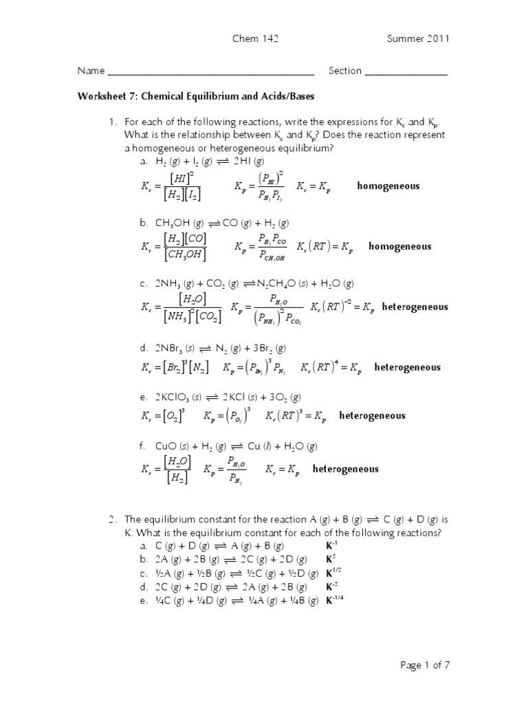 Chemical Equilibrium Worksheet 7 | PDF | Chemical Equilibrium | Acid