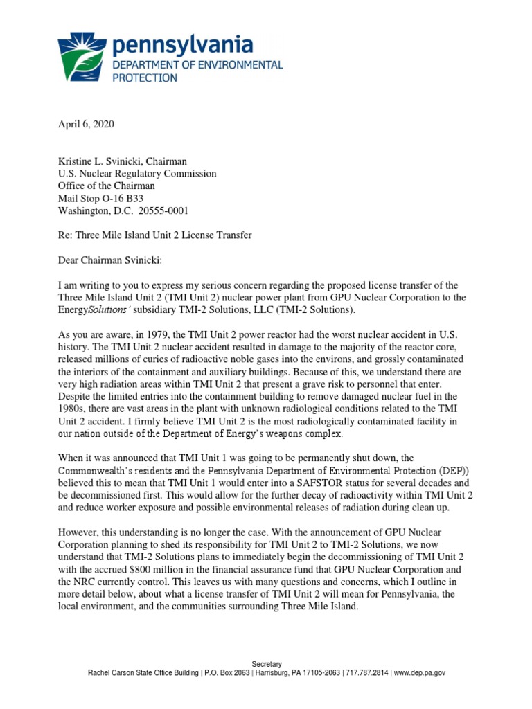 TMI Unit2 Lic Transfer PA DEP Secr Letter to NRC 6April2020 (002 ...