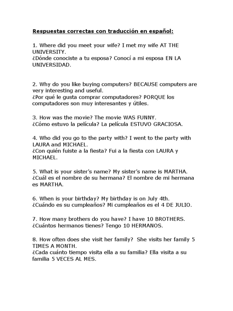 Spanish Translations of Common English Questions and Responses | PDF