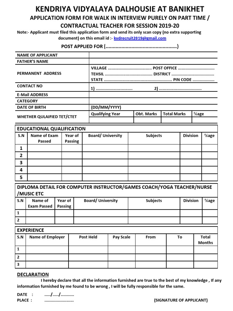 Walk-In Interview Form 2019-20 | PDF
