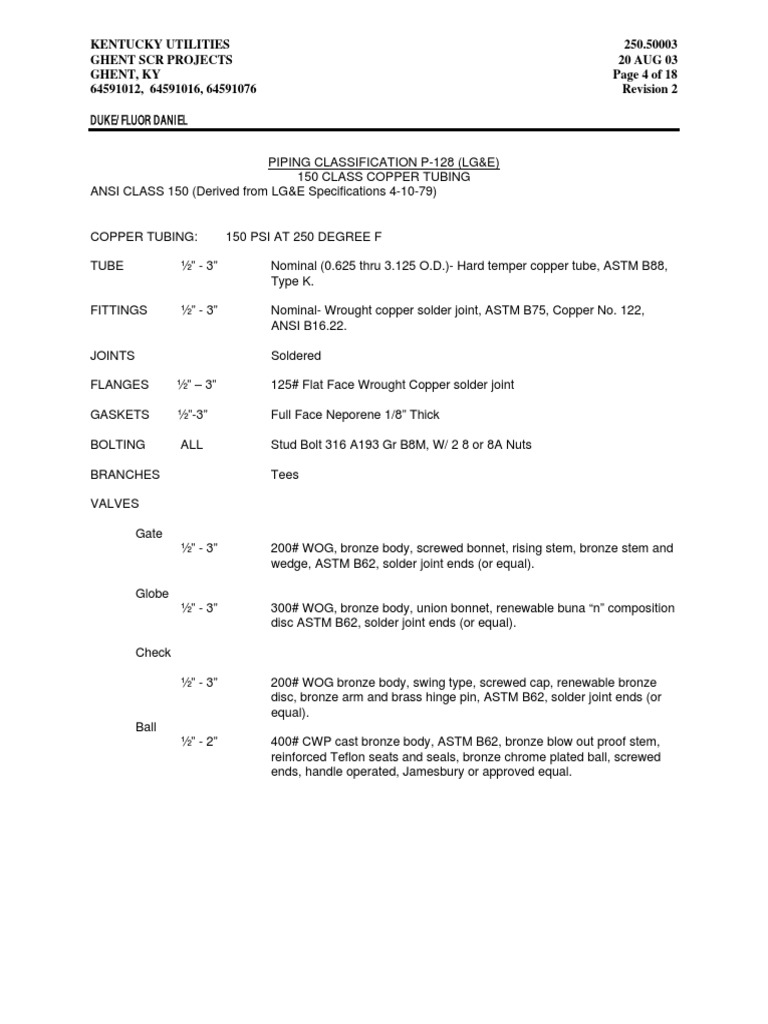 Fluor SCR Pipe Material Specification P-128 Potable Water | PDF