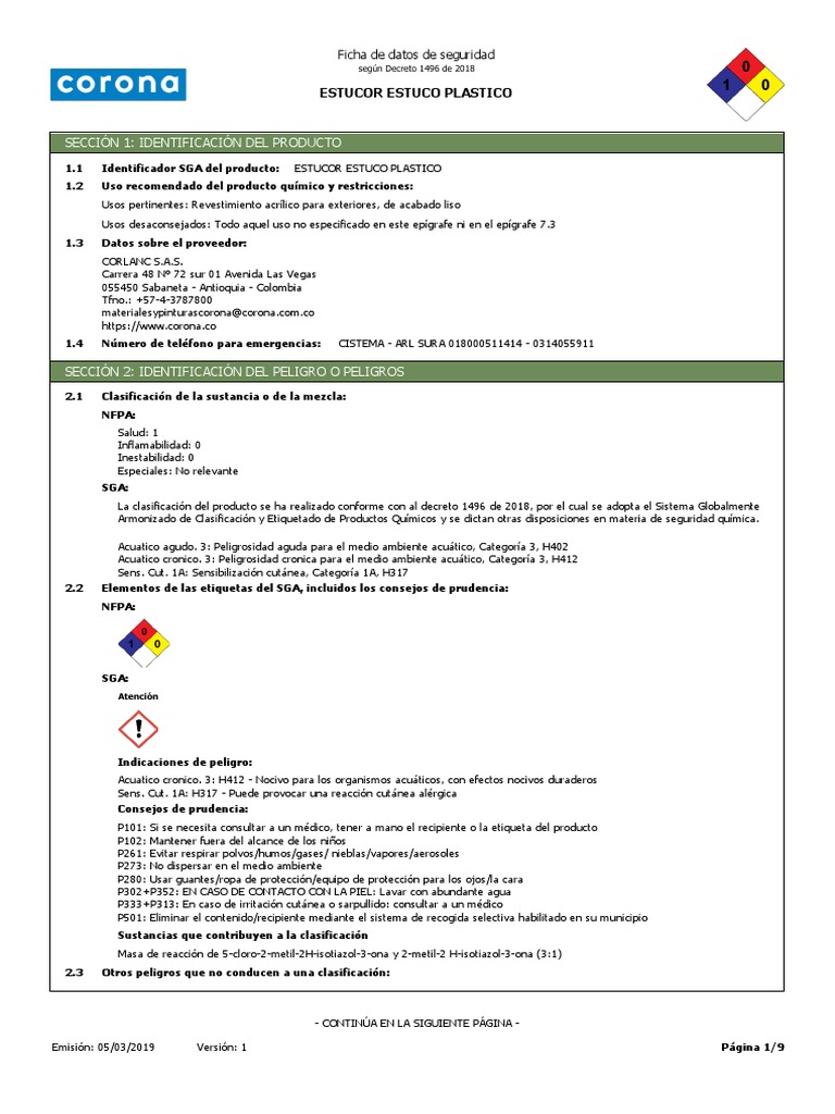 Hoja de Seguridad Estuco Plastico PDF | PDF | Toxicidad | Residuos