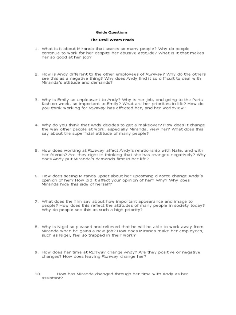 The Devil Wears Prada Discussion Guide | PDF | Career & Growth | Social ...