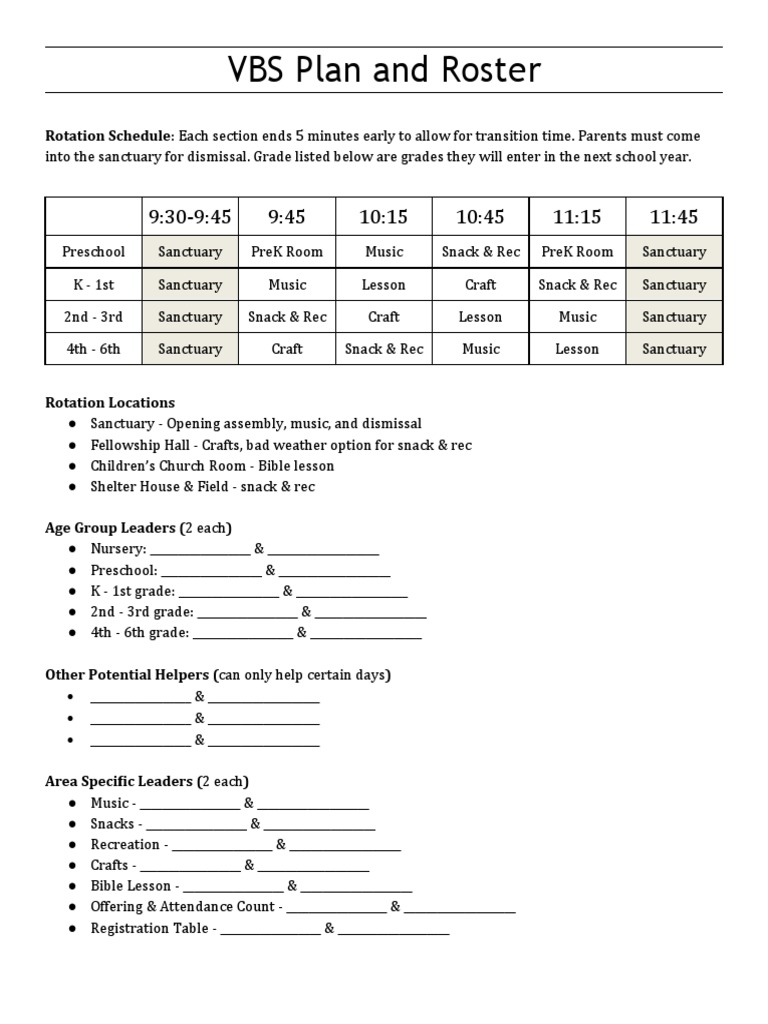 VBS Plan and Roster: Rotation Schedule: Each Section Ends 5 Minutes ...