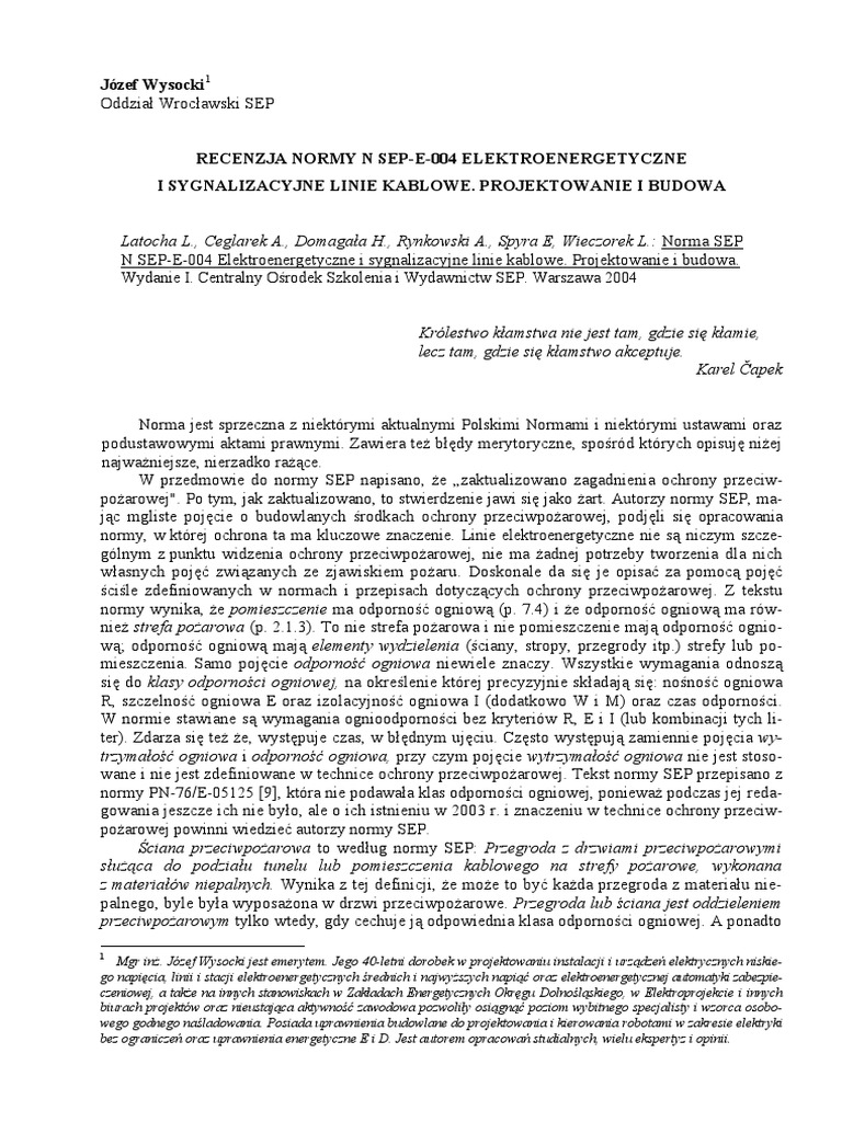 Recenzja Normy N Sep-E-004 Elektroenergetyczne I Sygnalizacyjne Linie Kablowe. Projektowanie I ...