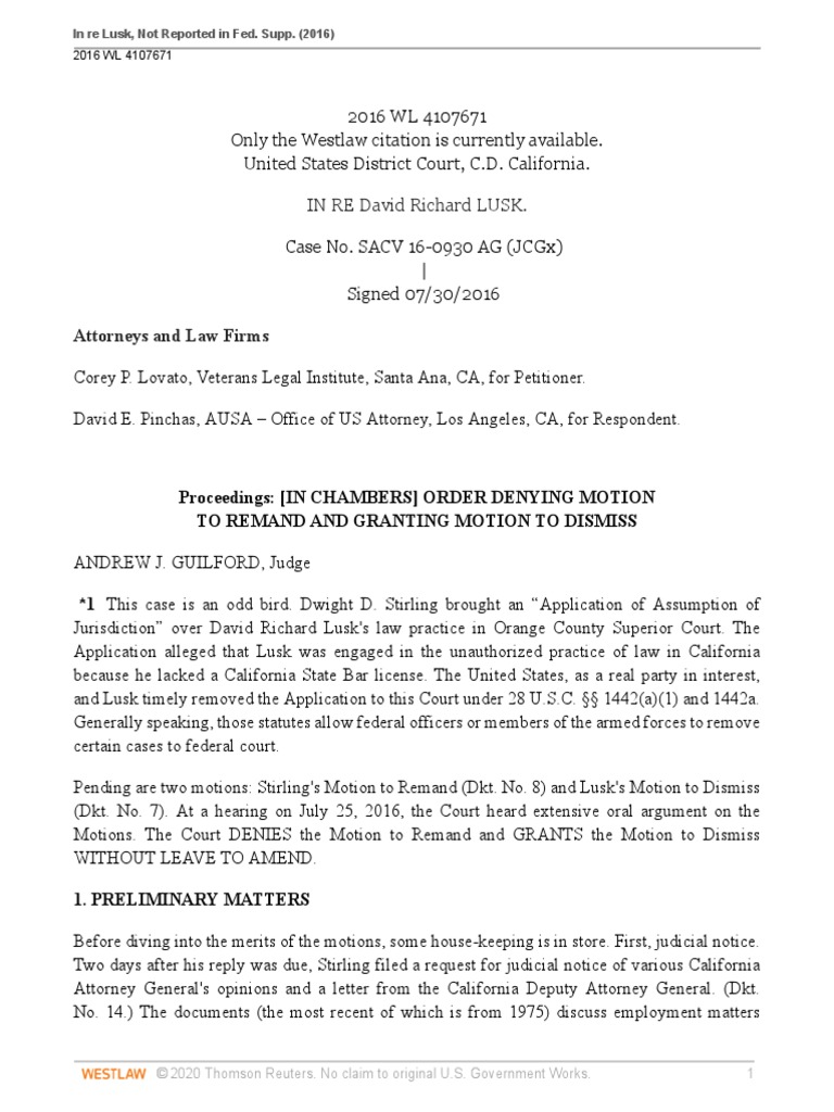 2016 Order Denying Motion To Remand and Granting Motion To Dismiss | PDF