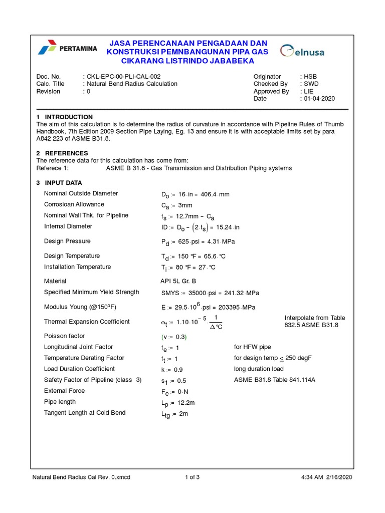 Natural Bend Radius Calculation | PDF | Pipe (Fluid Conveyance ...