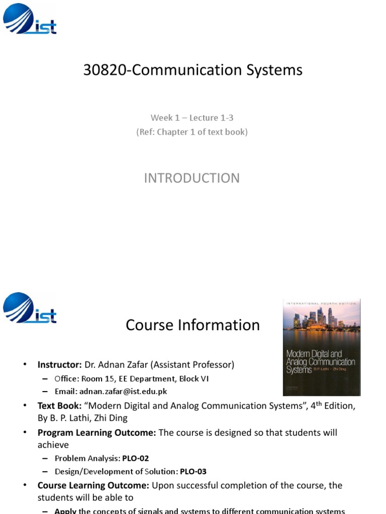 30820-Communication Systems: Week 1 - Lecture 1-3 (Ref: Chapter 1 of ...