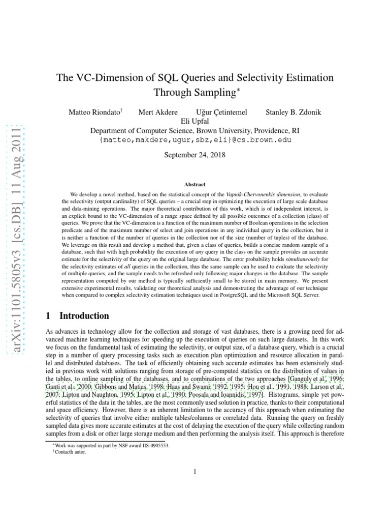 The VC-Dimension of SQL Queries and Selectivity Estimation Through Sampling | PDF | Teaching ...