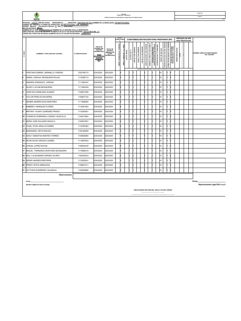 Formato - Entrega - de - Complementos - Alimentarios - de - Primera - Infancia - LA HERRADURA ...