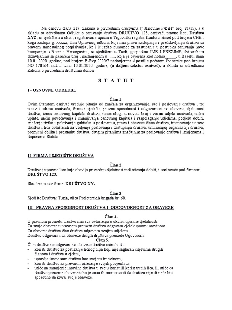 2 Statut D.O.O. Primjer | PDF