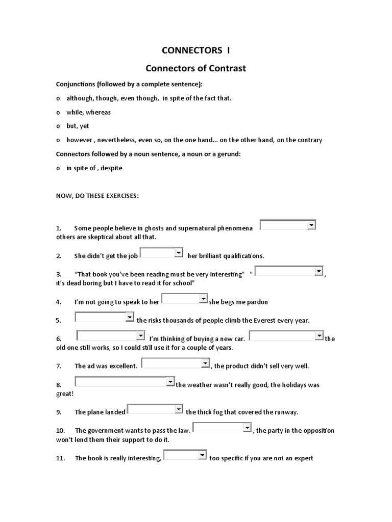 Connectors I Connectors of Contrast: Conjunctions (Followed by A Complete Sentence) | Download ...