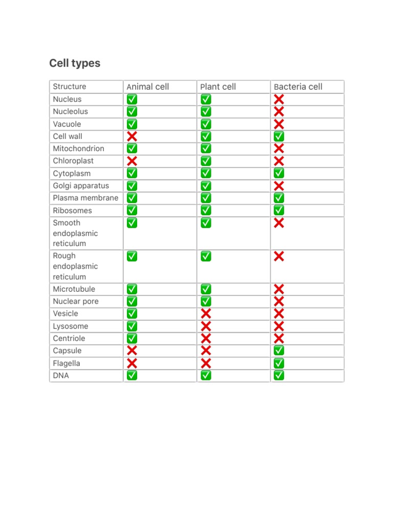 Comparison of Cell Types and Structures | PDF