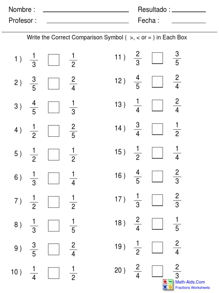 Write The Correct Comparison Symbol (, or ) in Each Box | PDF