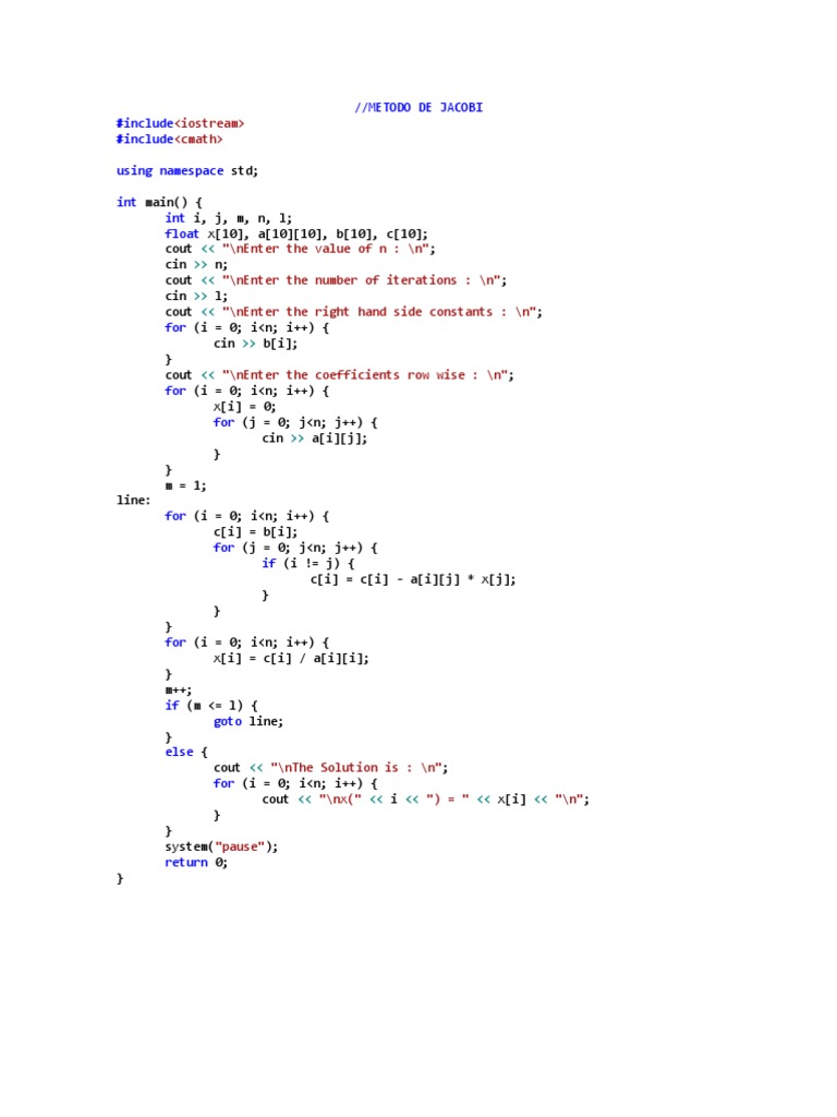 metodo de Jacobi #Include #Include Using Namespace Int Int Float | PDF | Technology & Engineering