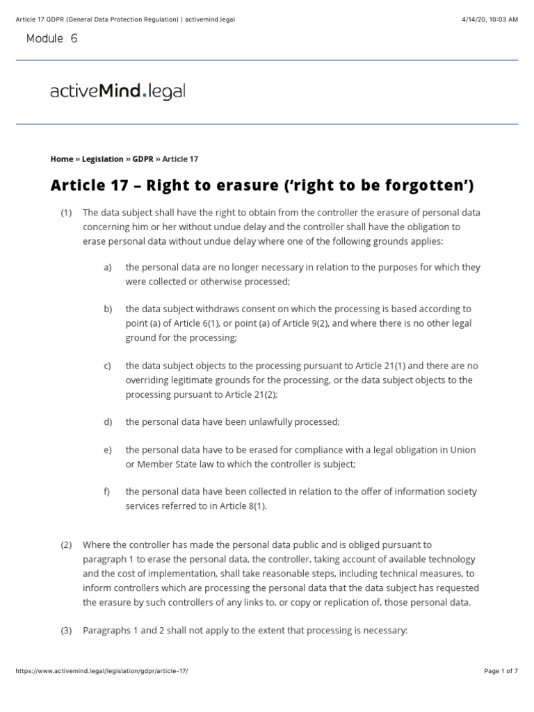 Article 17 GDPR (General Data Protection Regulation) - Activemind ...
