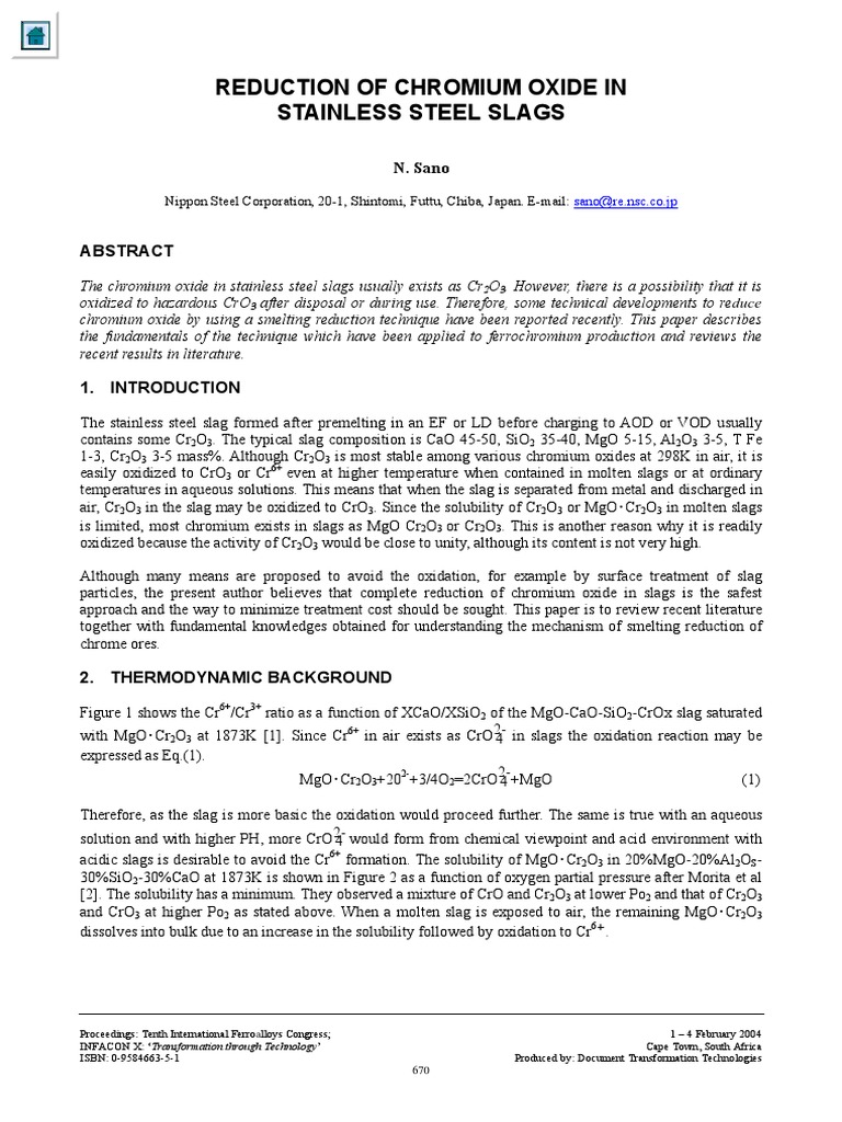 Reduction of Chromium Oxide in Stainless Steel Slags: N. Sano | PDF ...
