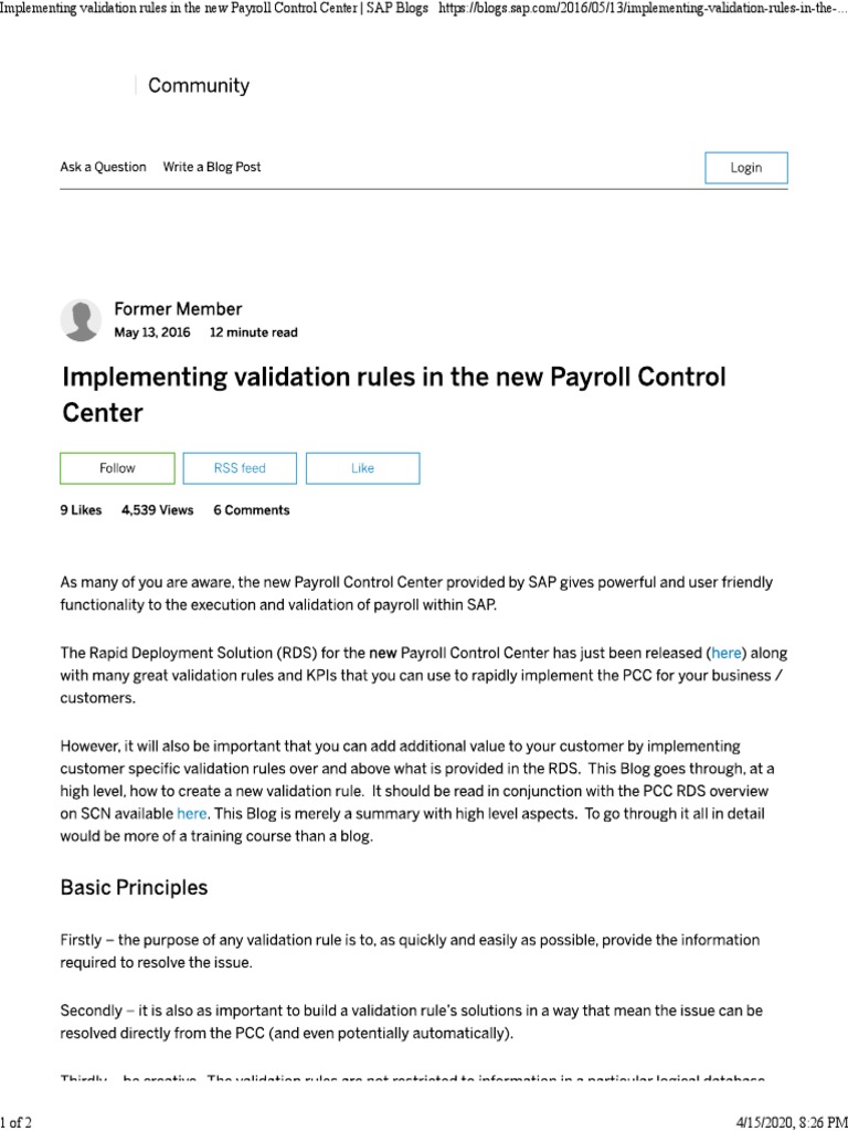 Implementing Validation Rules in The New Payroll Control Center | PDF