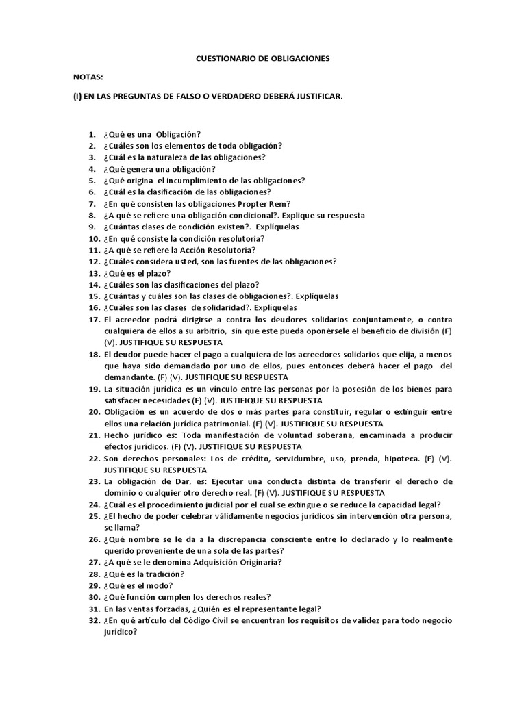Cuestionario de Obligaciones - Todo | PDF | Ley común | Principios éticos