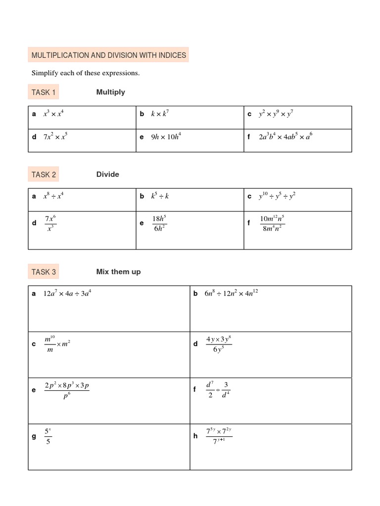Multiplying and Dividing Indices Worksheet | PDF