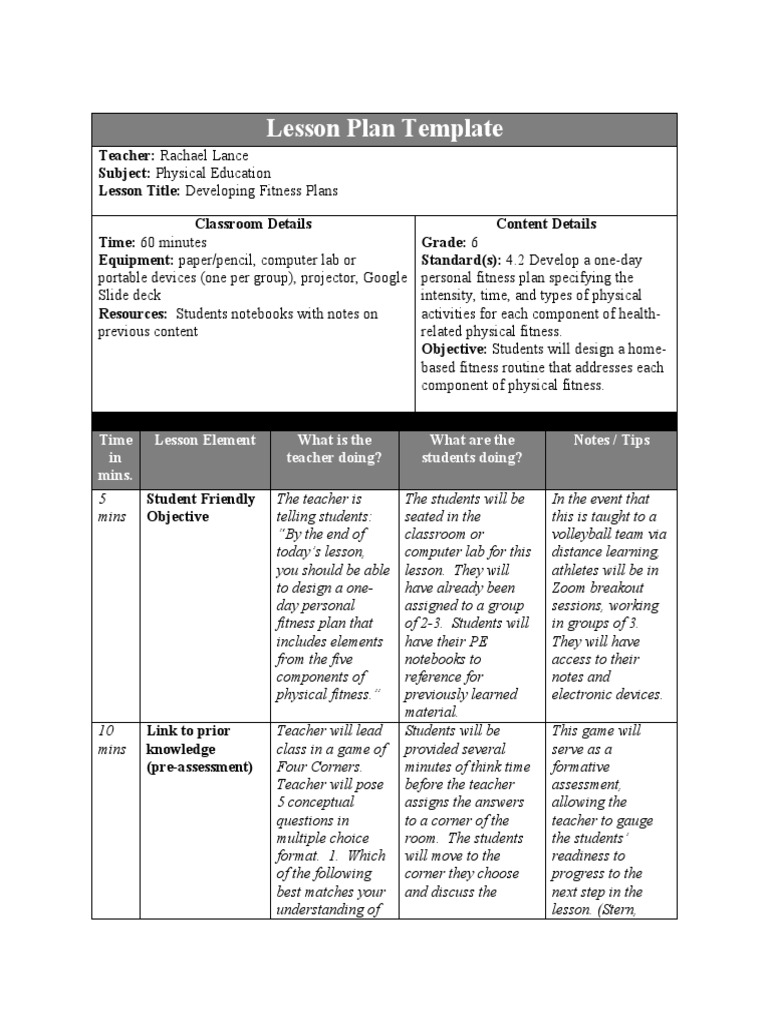 Lesson Plan Template: Time in Mins. Lesson Element What Is The Teacher ...